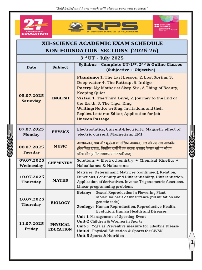 XII Science UT - 3 Schedule 2025-26 | PDF | Biology