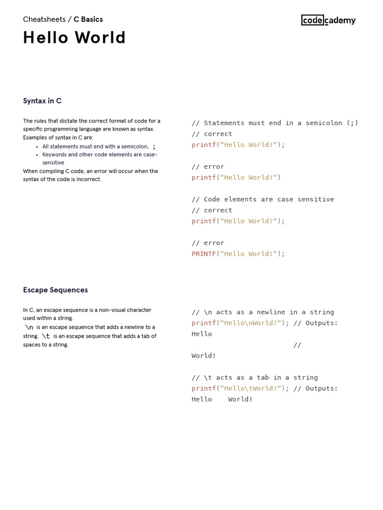 C Basics - Hello World Cheatsheet - Codecademy | PDF | C (Programming Language) | Computing
