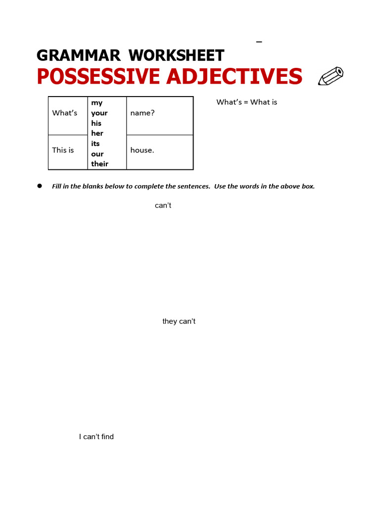 Possessive Adjectives Practice | PDF