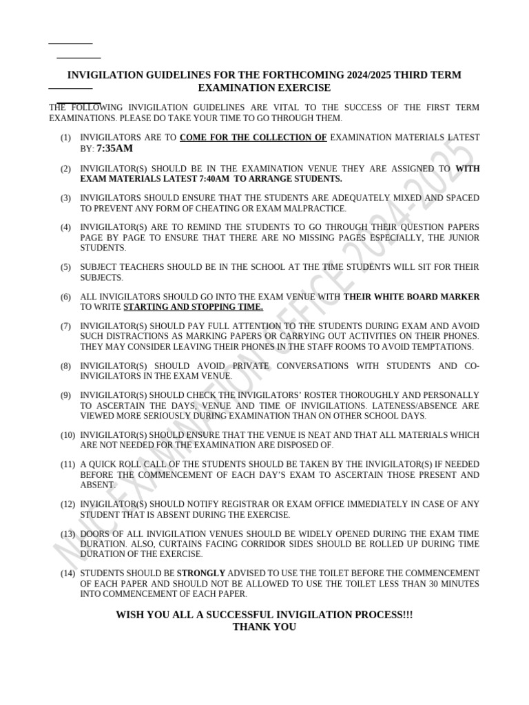 Recent 3rd Term 24-25 Final Invigilation Timetable Day 1 | PDF