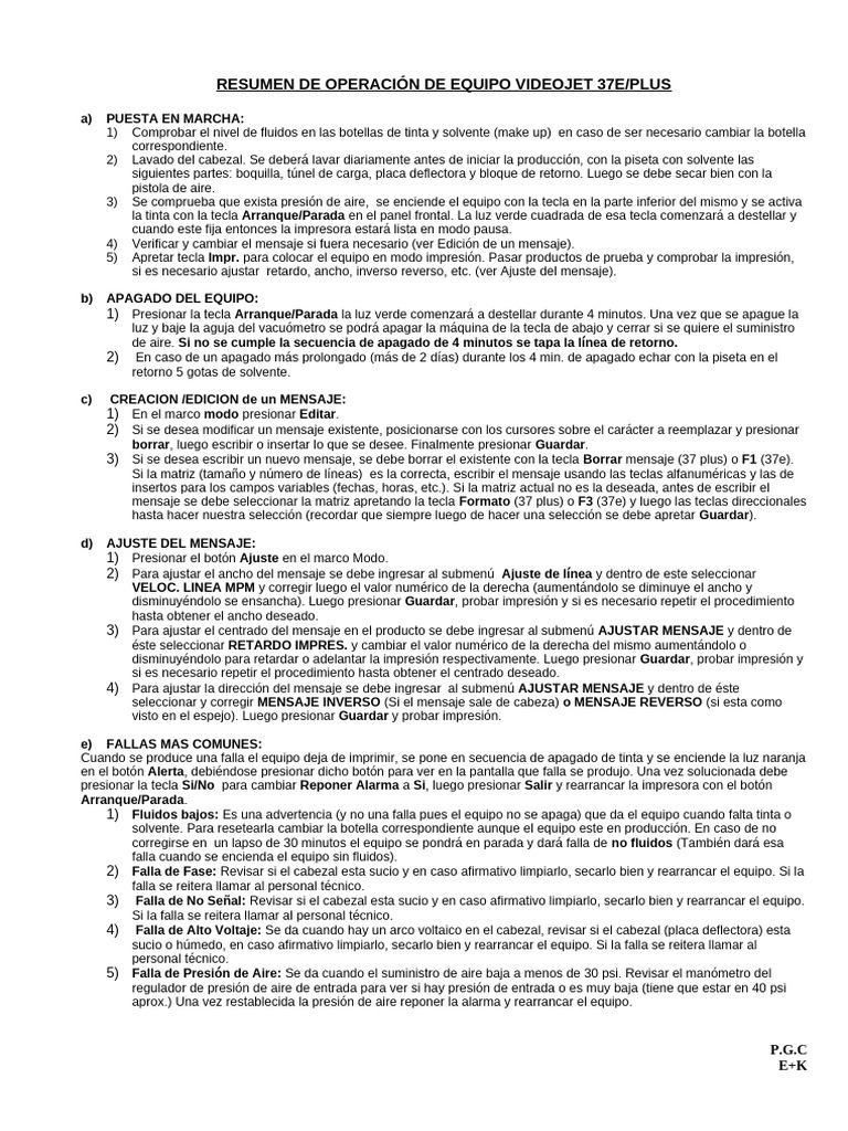 Videojet Operacion 37E | PDF