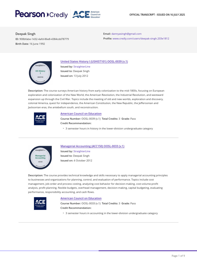 Credly by Pearson Transcript of Deepak (Danny) Singh July 16, 2025 ...