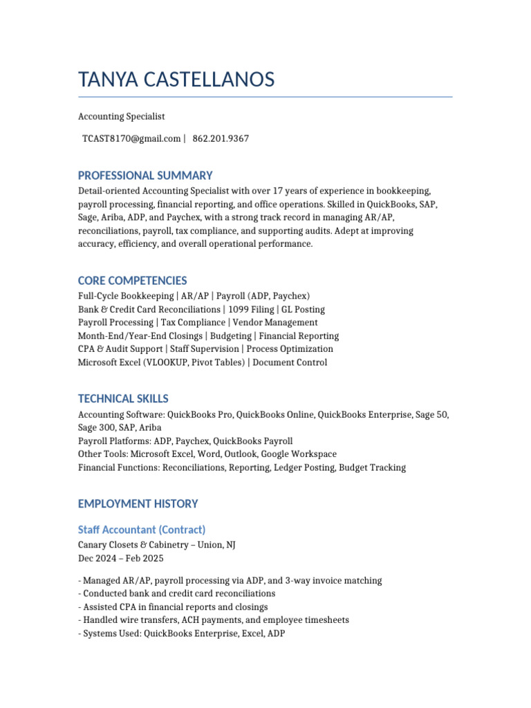 Tanya Castellanos Resume 2025 | PDF | Quick Books | Payroll