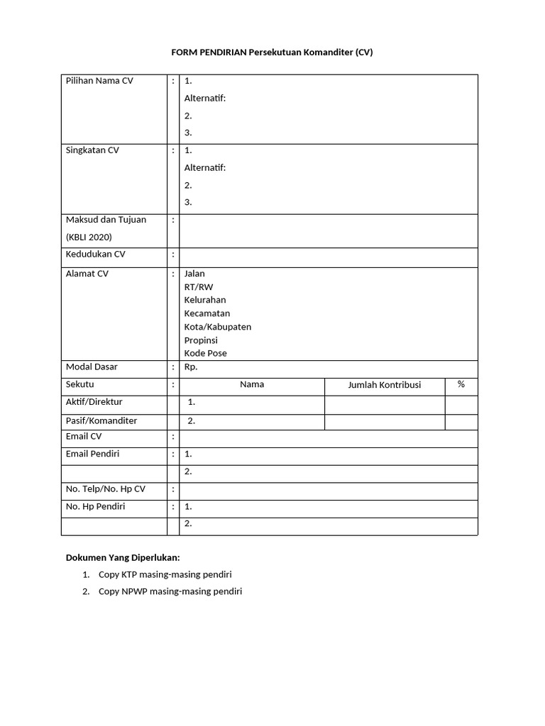 Form Pendirian CV | PDF
