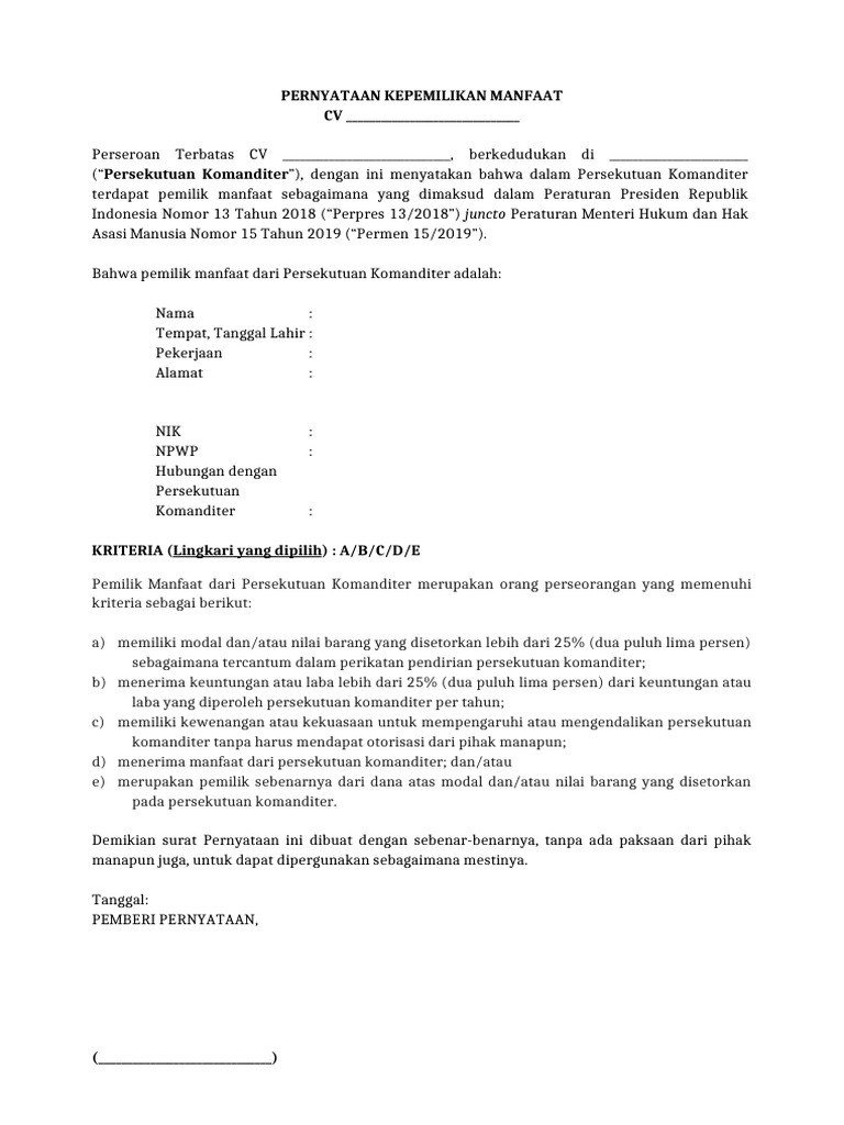 Surat Pernyataan Pemilik Manfaat CV | PDF