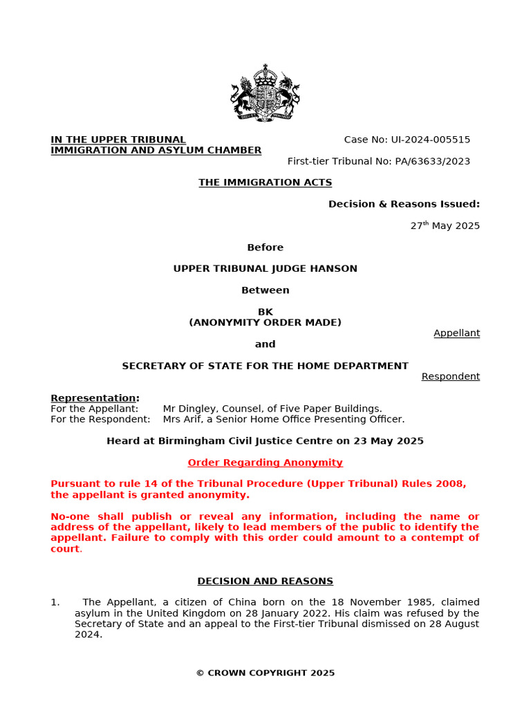 Upper Tribunal Asylum Decision: BK Case | PDF | Crimes | Crime & Violence
