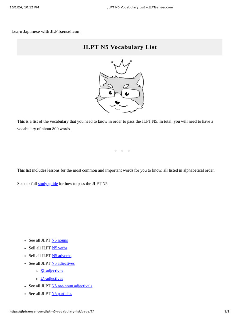 JLPT N5 Essential Vocabulary List | PDF | Verb | Adjective
