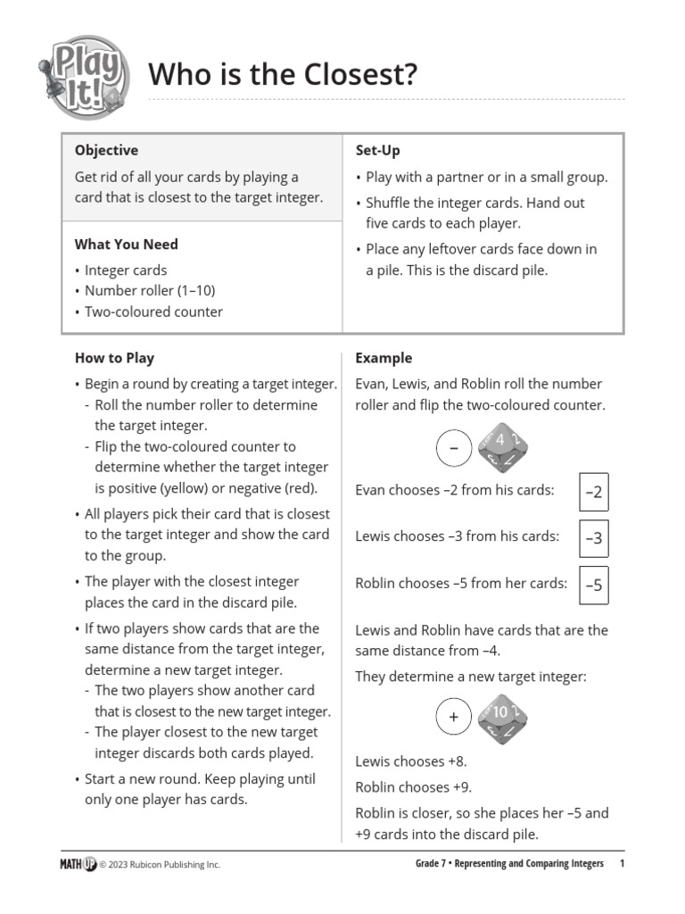 2 - Comparing Integers - Game - Who Is The Closest | PDF | Card Games ...