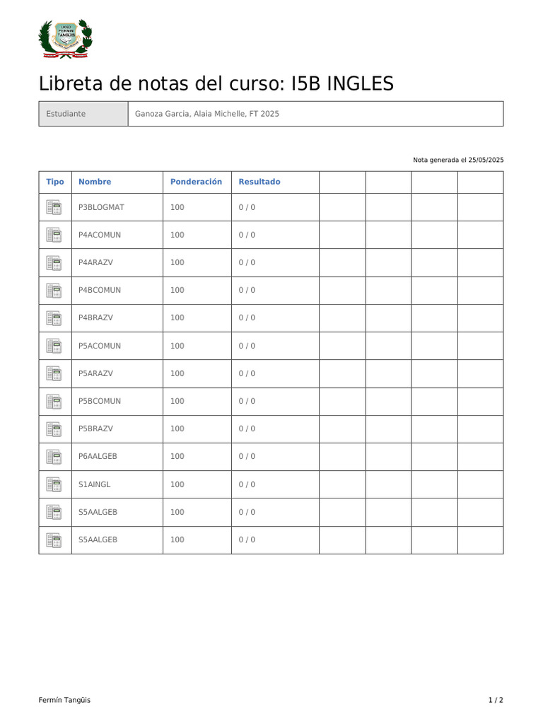 Libreta de Notas Del Curso: I5B INGLES: Tipo Nombre Ponderación ...