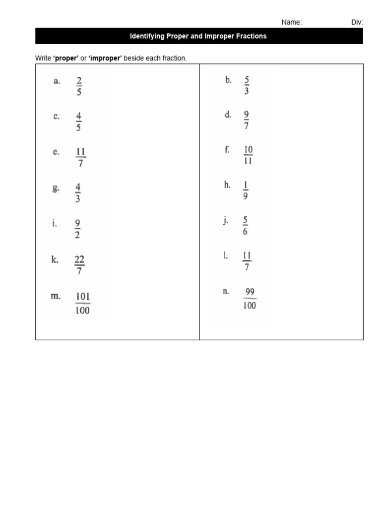 Handout - Proper Vs Improper Fractions Identification | PDF