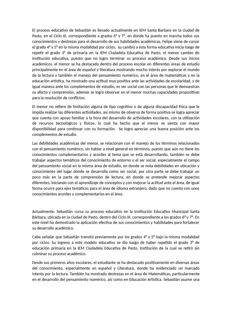 El Proceso Educativo de Sebastián Es Llevado Actualmente en IEM Santa ...