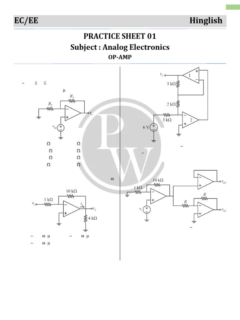 OP-AMP Practice Sheet for EE Students | PDF | Operational Amplifier ...