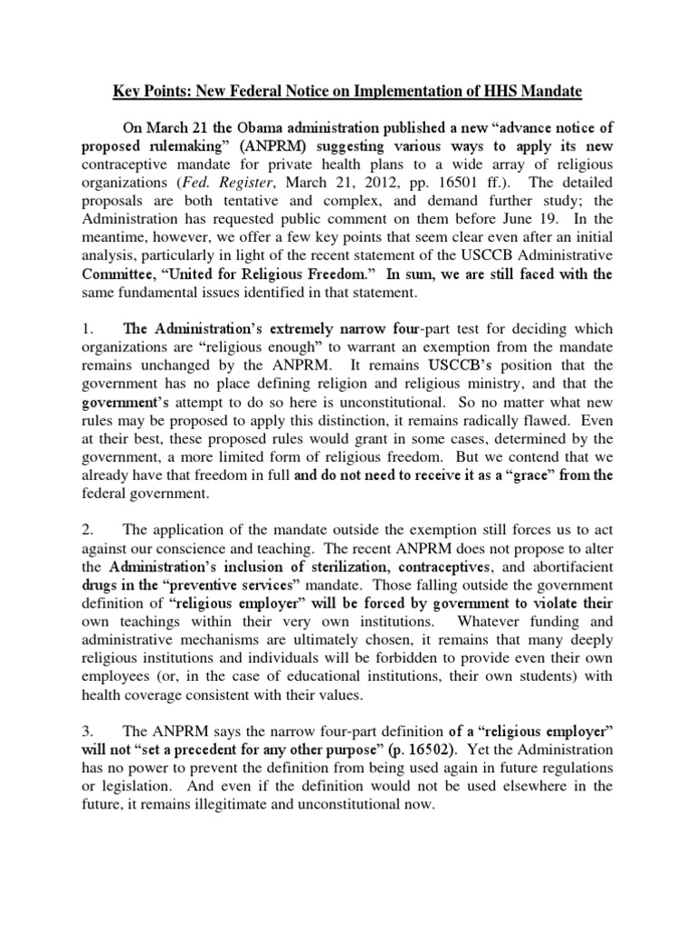 Key Points: New Federal Notice On Implementation of HHS Mandate | PDF ...