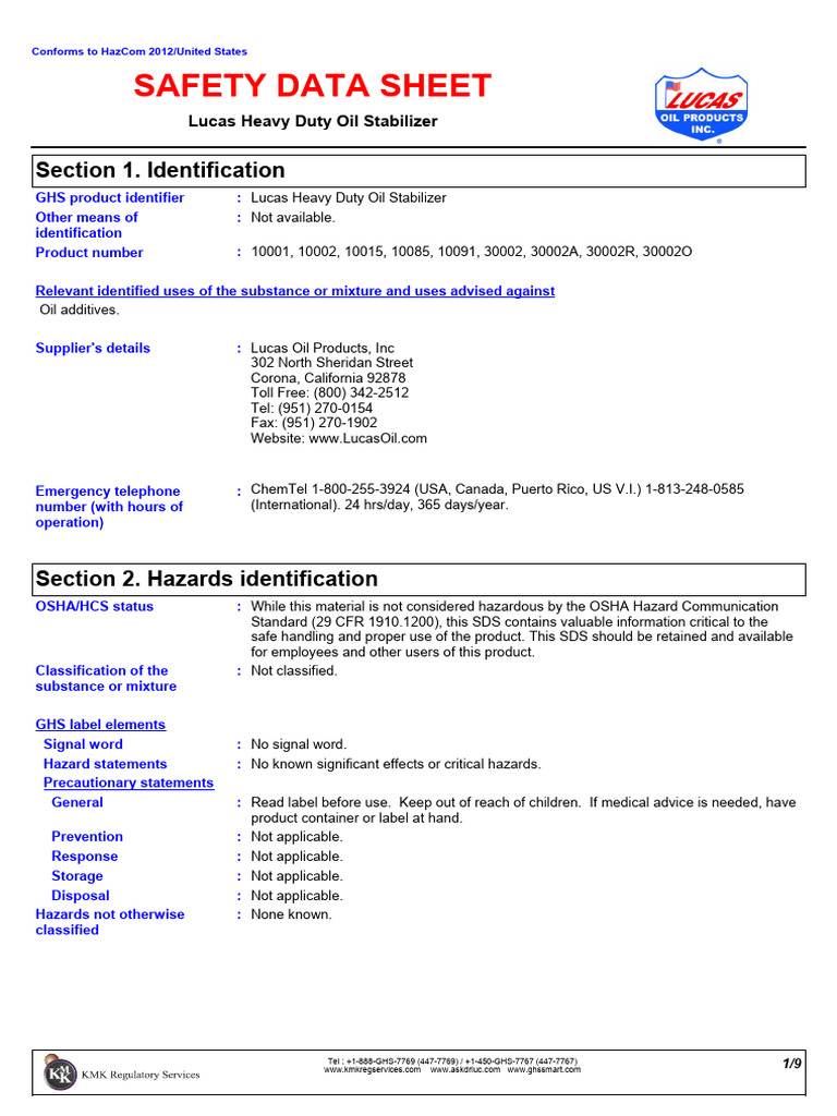Lucas Heavy Duty Oil Stabilizer SDS | PDF | Waste | Waste Management