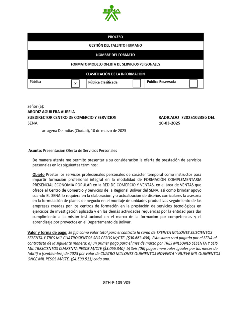 +formato GTH-F-109 Oferta Prestacion de Servicio 2025 | PDF