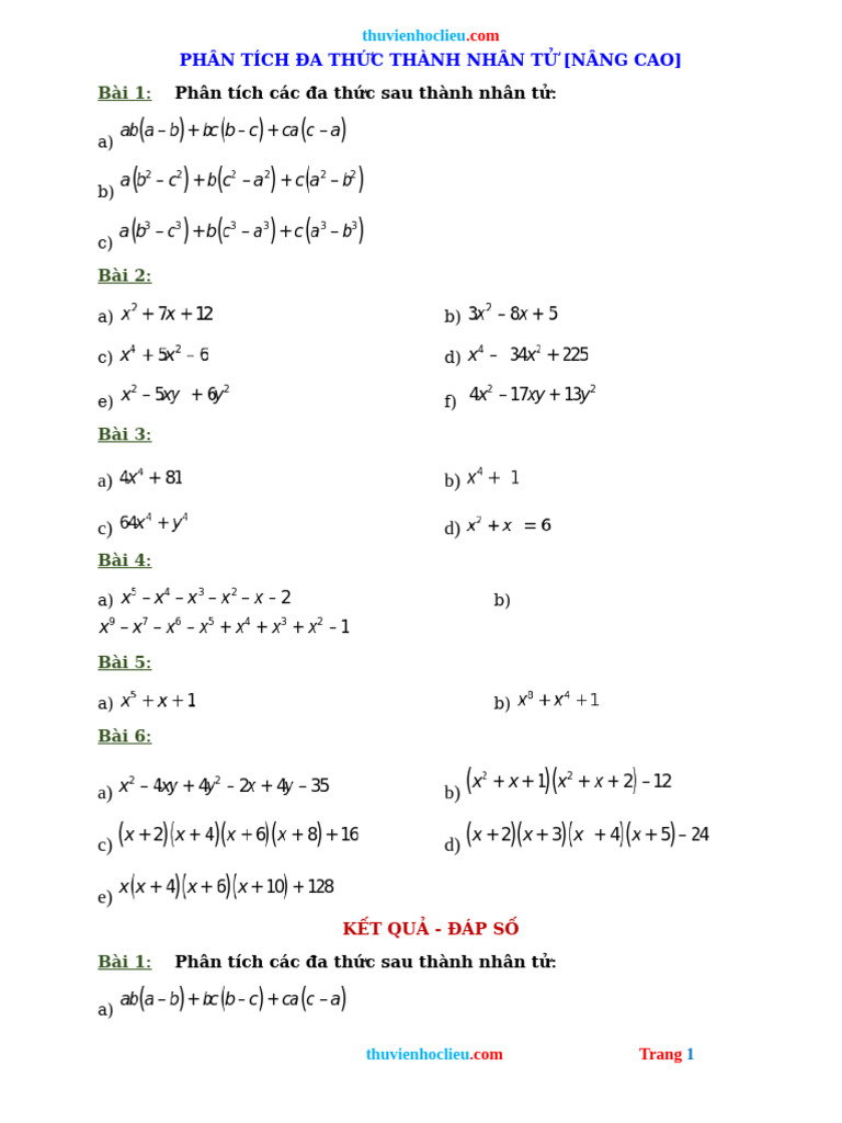 Bai Tap Toan Lop 8 Phan Tich Da Thuc Thanh Nhan Tu Nang Cao | PDF