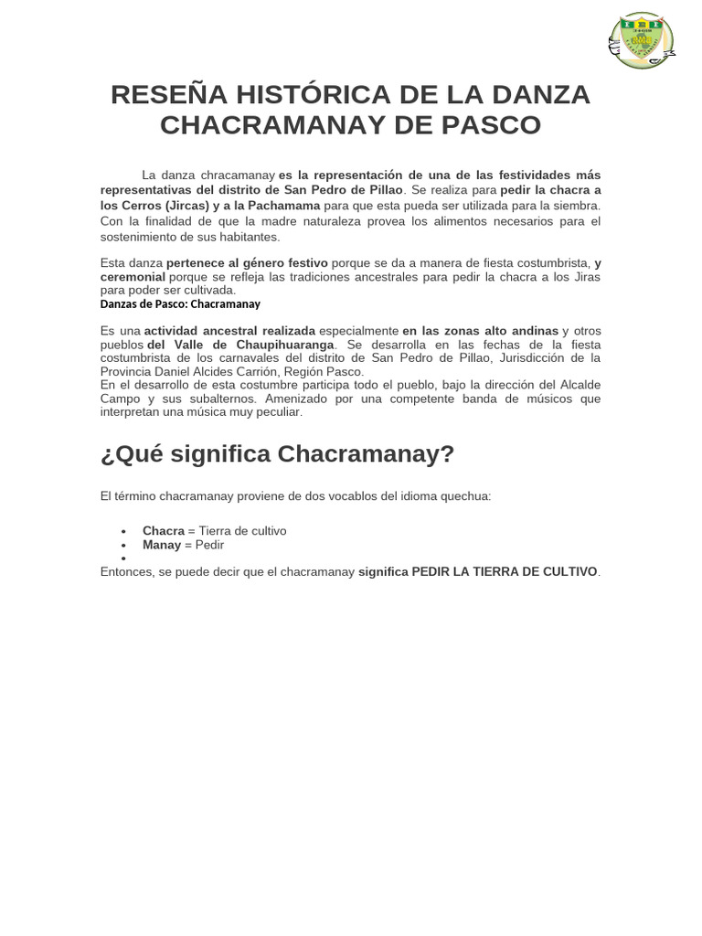Resena Historica de La Danza Chacramanay de Pasco | PDF