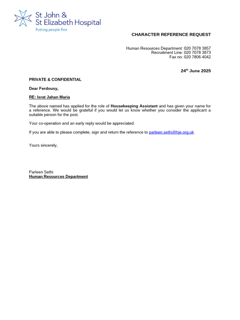 Israt Jahan-Character Reference Request | PDF