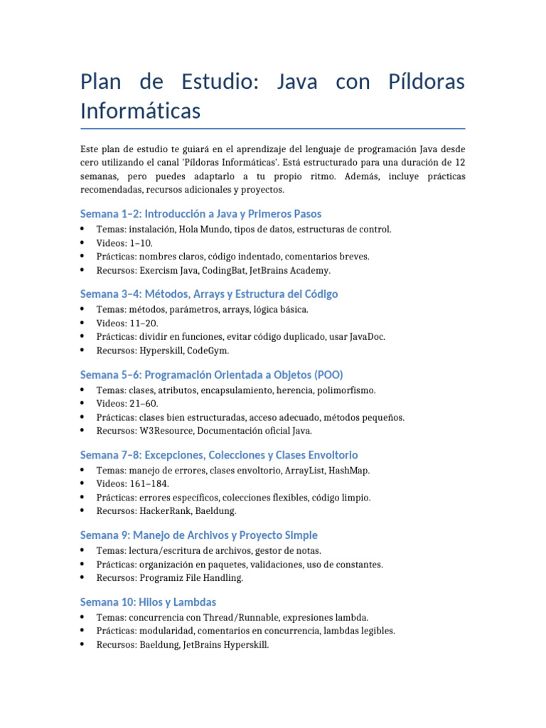 Plan Estudio Java Pildoras | PDF