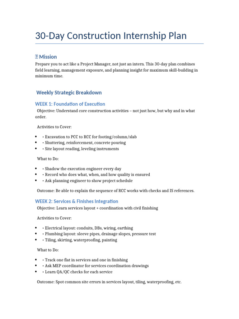 30-Day Construction Internship Plan | PDF | Building Engineering