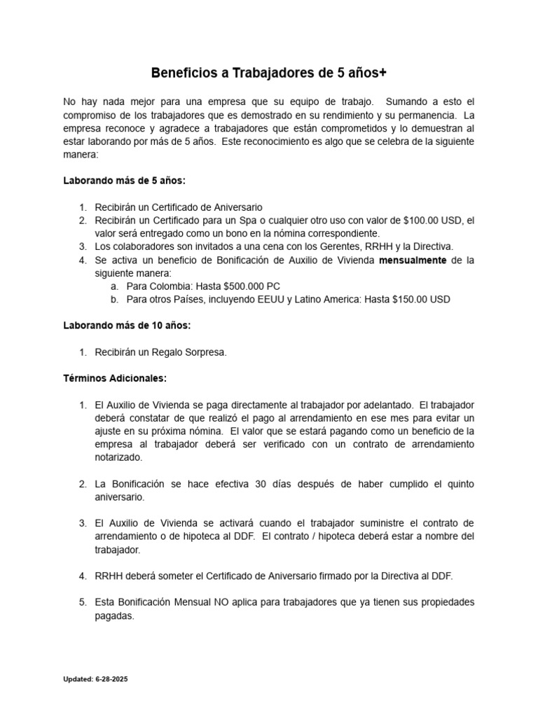 Beneficios A Trabajadores de 5 Anos+ - Hianyer Reyes Firmado | PDF