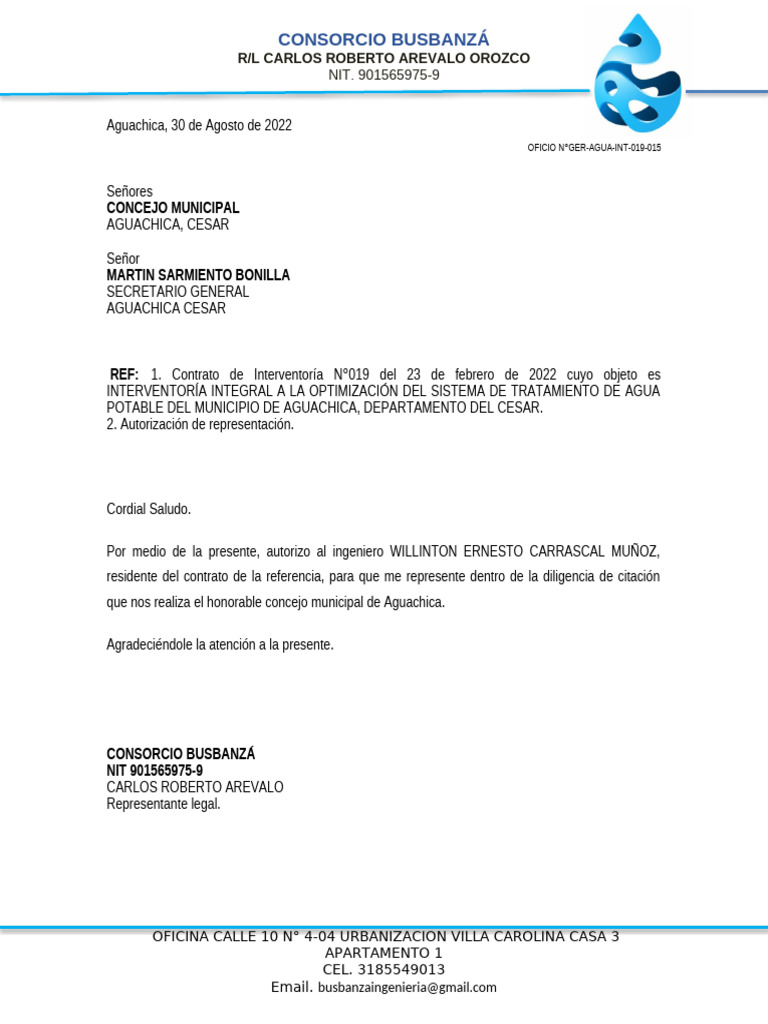 Oficio Interventoría 015 | PDF