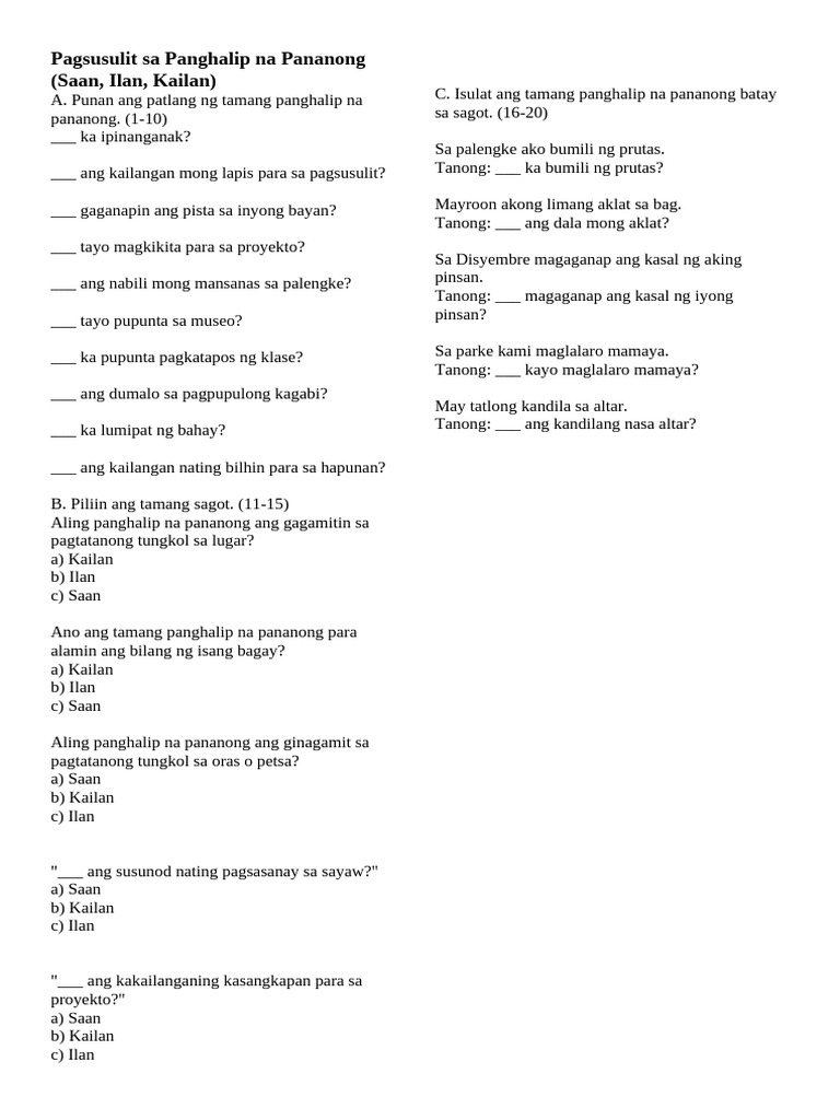 Pagsusulit Sa Panghalip Na Pananong | PDF