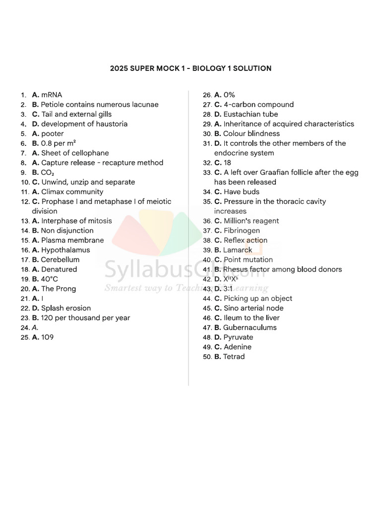 2025 Super Mock 1 - Biology 1 Solution | PDF