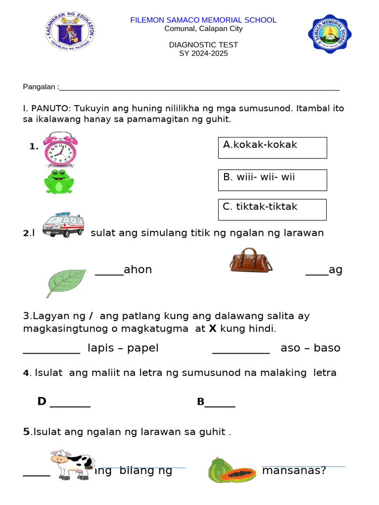 Grade 1 Diagnostic Test | PDF