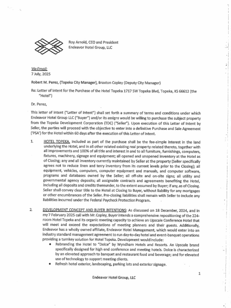 Letter of Intent Endeavor Hotel Group LLC July 15 2025 | PDF