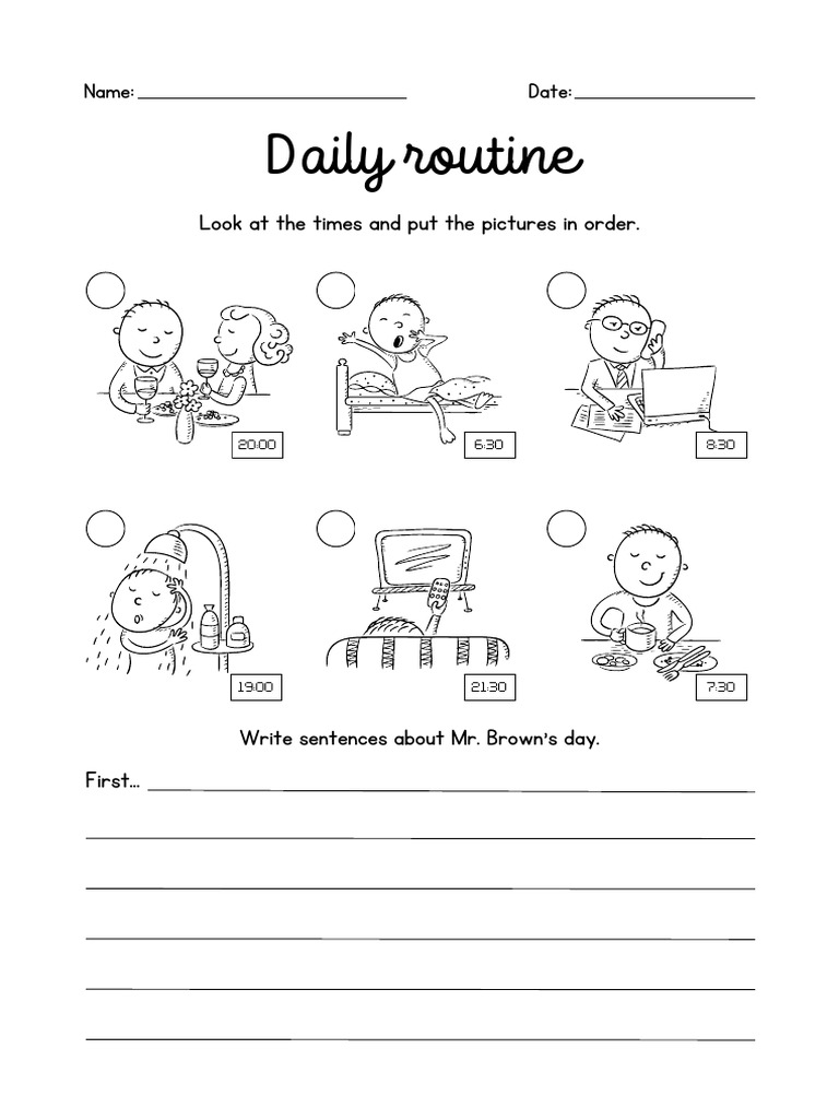 Daily Routine Worksheet in Black and White Illustrative Style | PDF