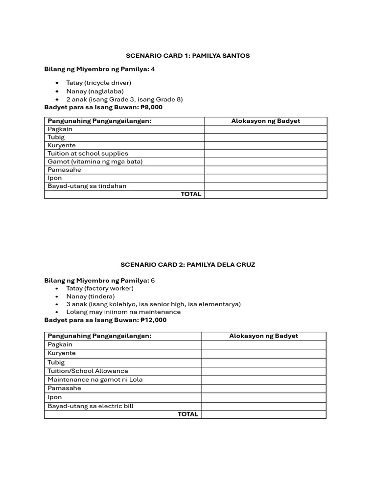 Scenario Card For Alokasyon | PDF