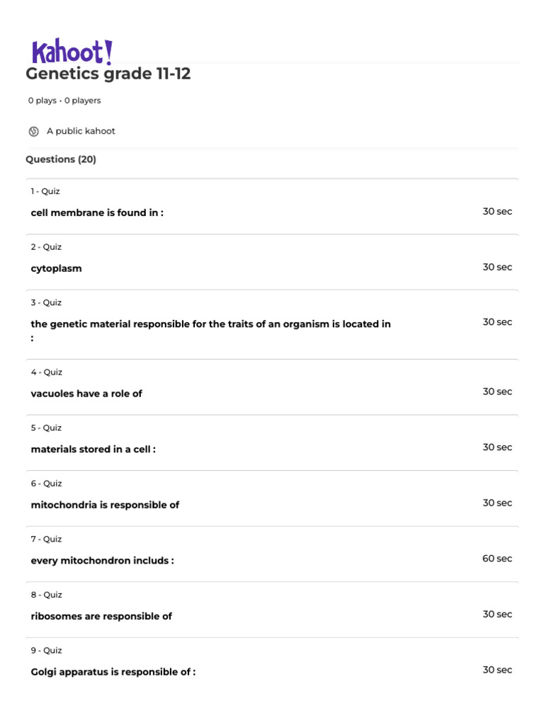 Genetics Grade 11-12 - Details - Kahoot! | PDF
