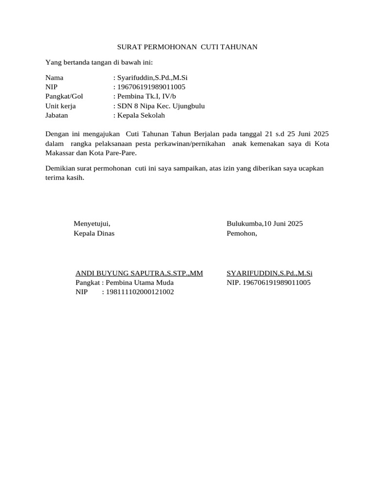 Surat Permohonan Cuti Tahunan | PDF