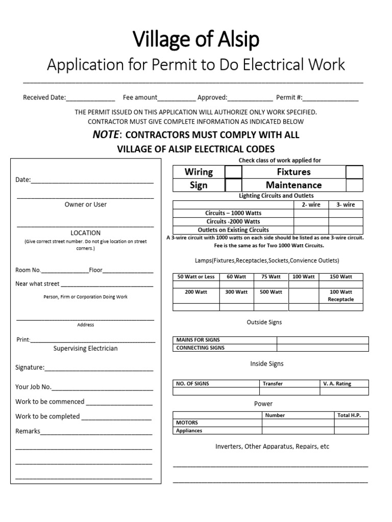 Application For Permit To Do Electrical Work - Editable | PDF | Mains ...