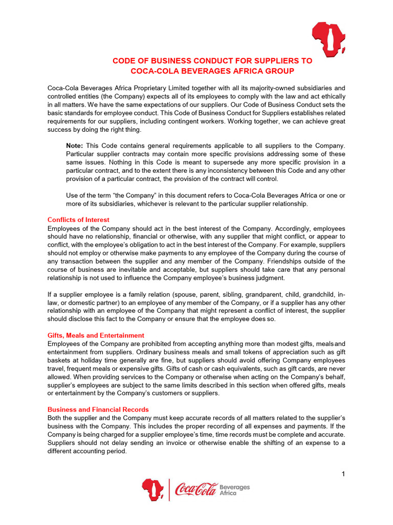 Coca-Cola Supplier Business Conduct Code | PDF | Business Ethics ...