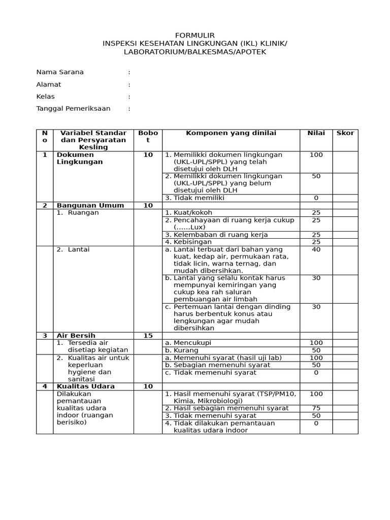 Formulir Ikl Klinik 1 | PDF