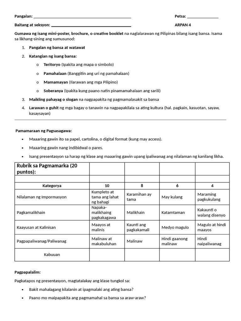 1ST QTR - Arpan 4 Performance Task Bansa | PDF