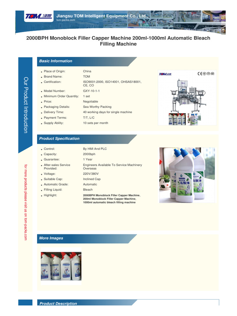 2000bph Monoblock Filler Capper Machine 200ml 1000ml Automatic Bleach Filling Machine | PDF