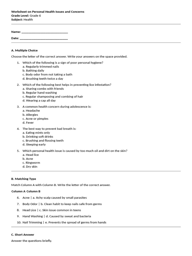 Grade 6 Personal Health Worksheet | PDF | Hygiene