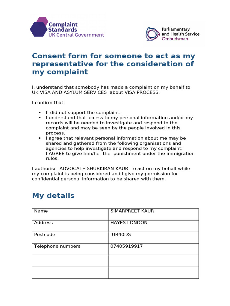 Consent Form For Representative or Advocate UKCG | PDF