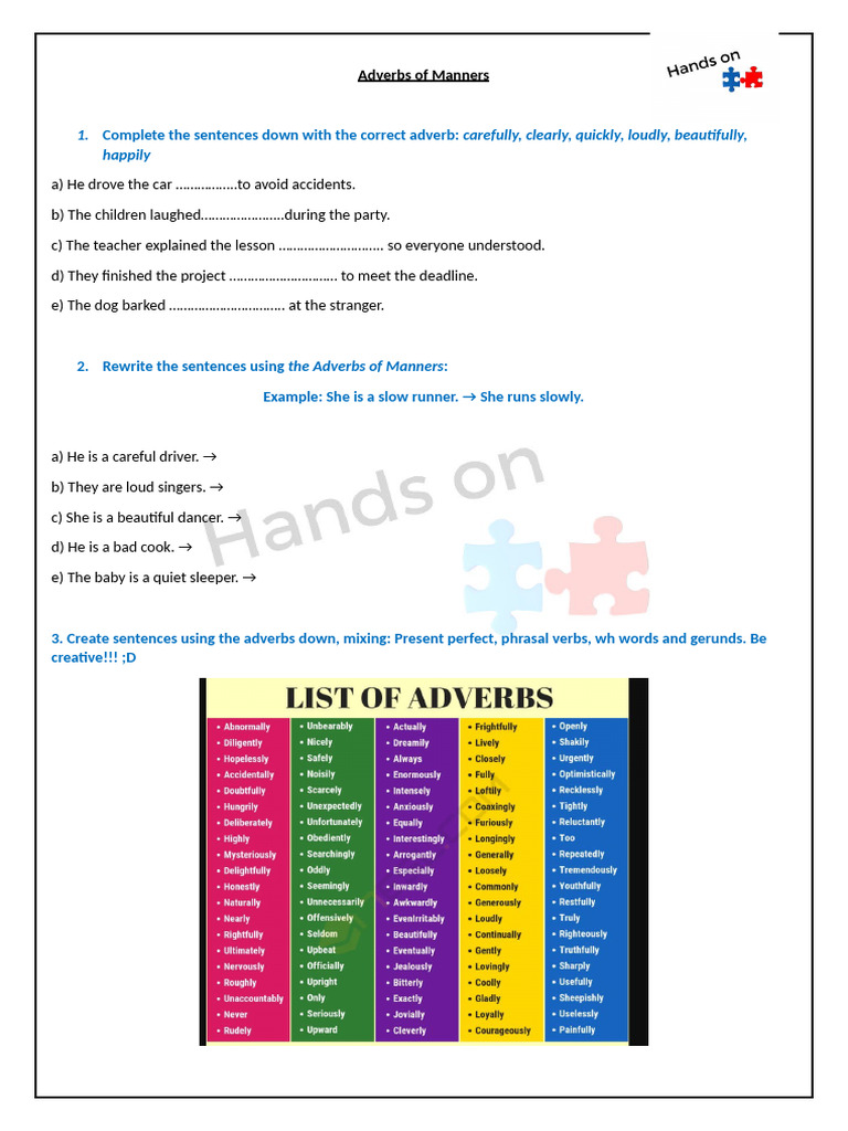 Adverbs of Manners Activity | PDF