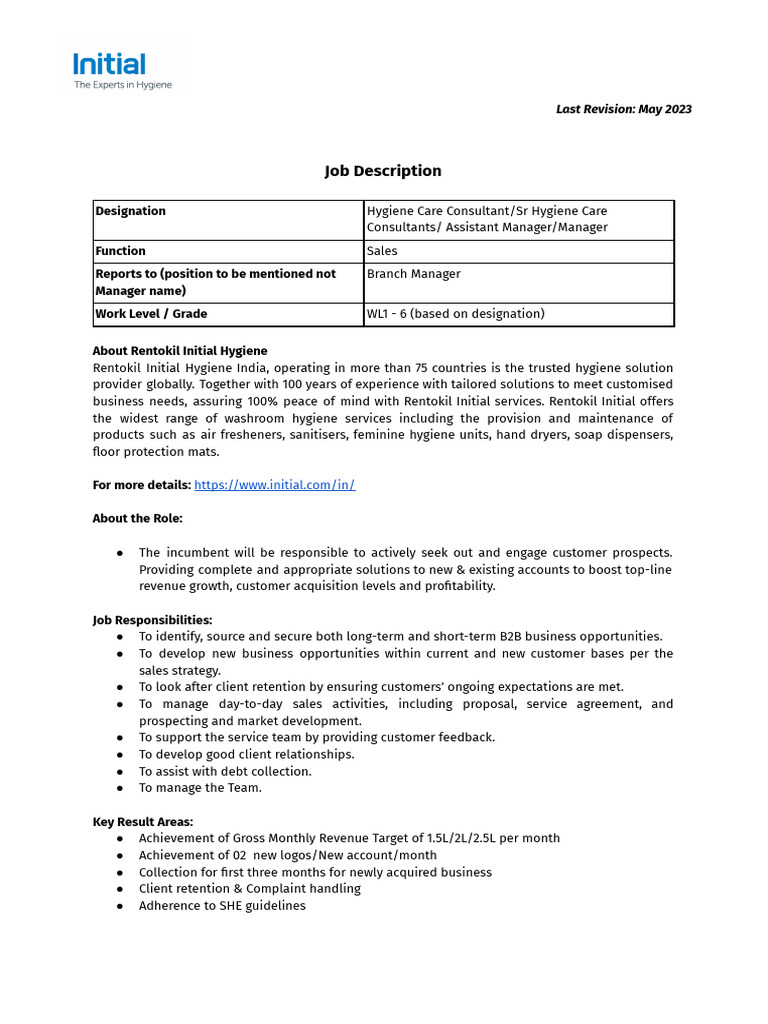 JD - Sales - Hygiene Care Consultant | PDF | Sales | Business