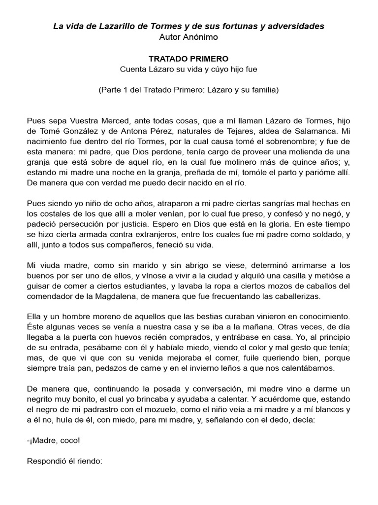 TRATADO PRIMERO - Parte 1 La Vida de Lazarillo de Tormes y de Sus ...