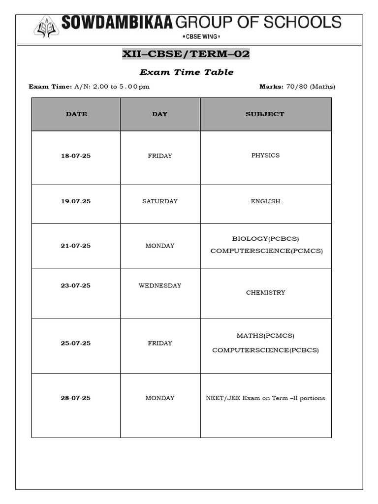 Class - Xii - Term Exam - II - Time Table and Portions | PDF