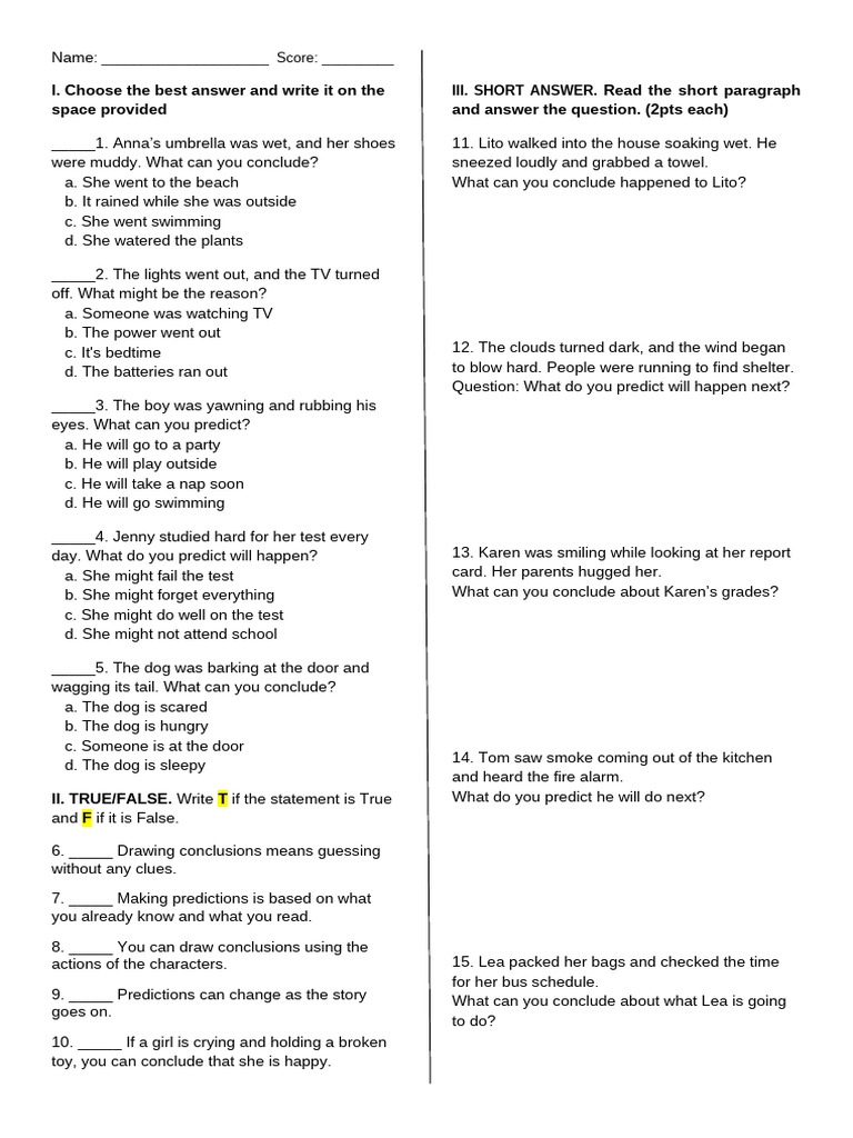 Grade 5 English Quiz Drawing Conclusions and Predictions | PDF