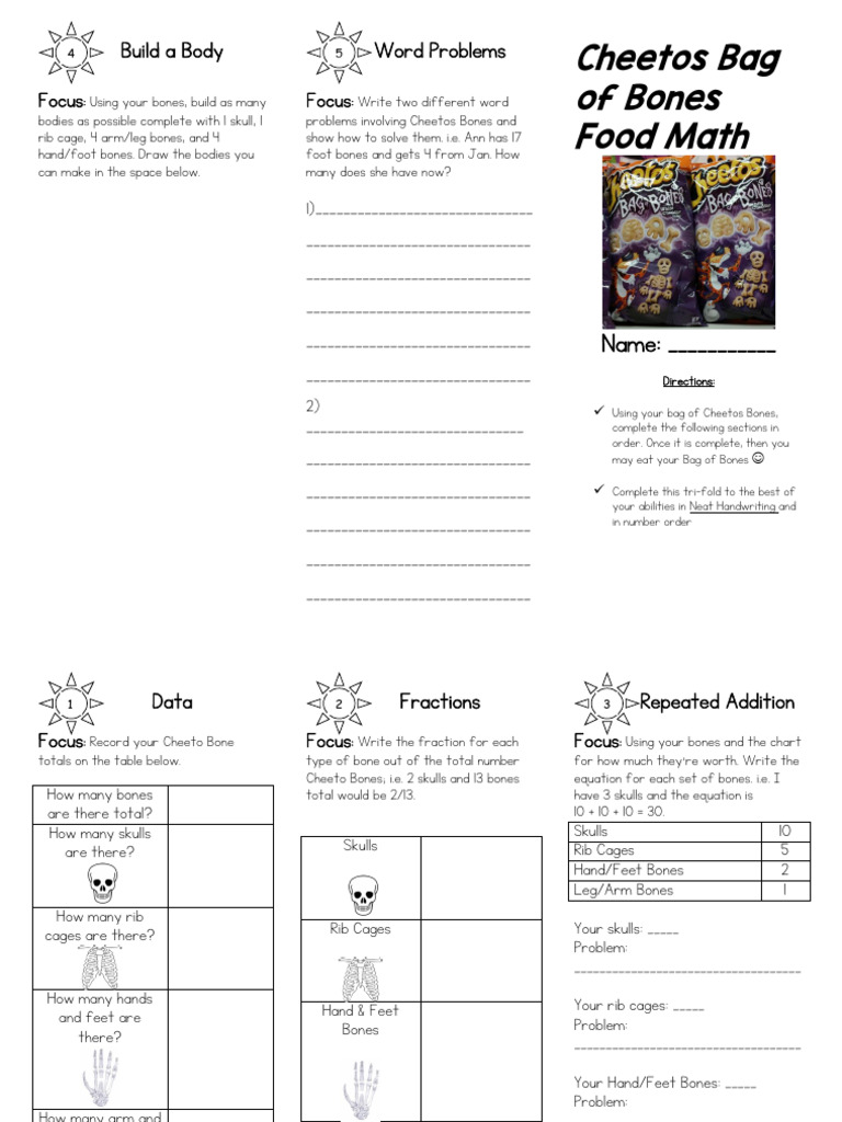 Cheetos Bag of Bones Food Math: Build A Body Word Problems | PDF