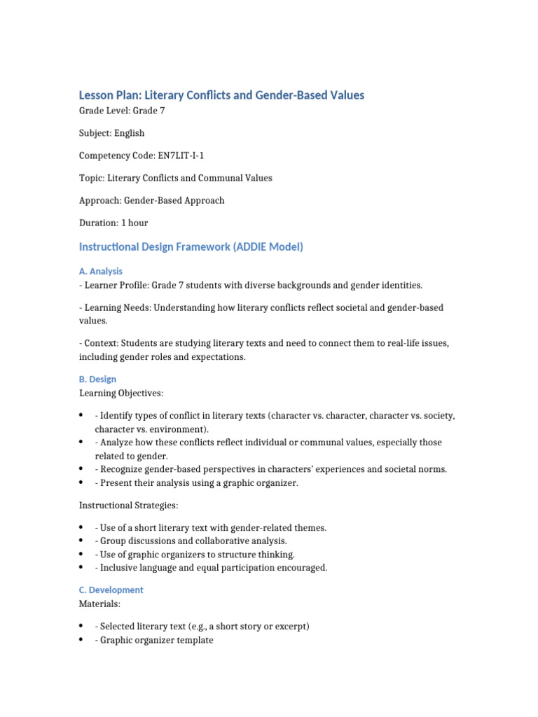 Gender Based Lesson Plan EN7LIT-I-1 | PDF | Lesson Plan | Gender