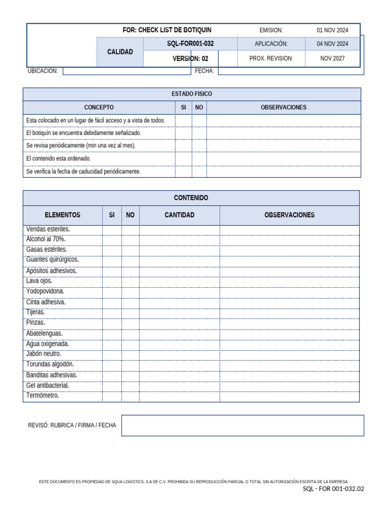 SQL-For001-032.01 Botiquin de Primeros Auxilios | PDF