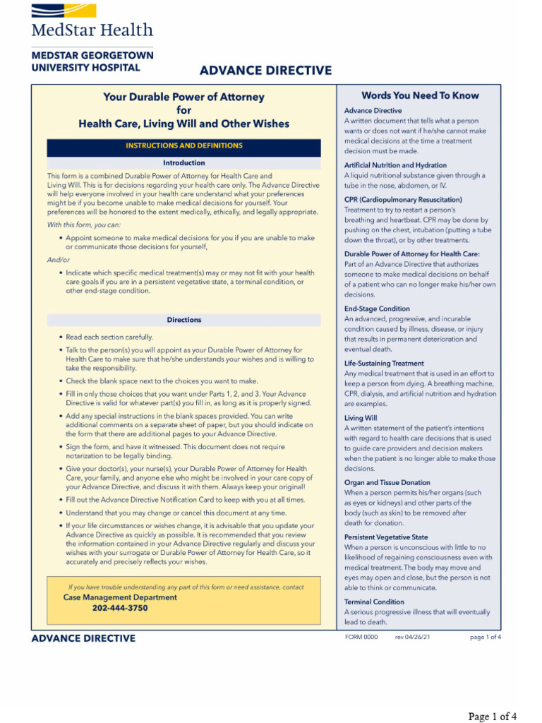 Advance Directive - Patient Self-Determination Form (1) Eas | PDF